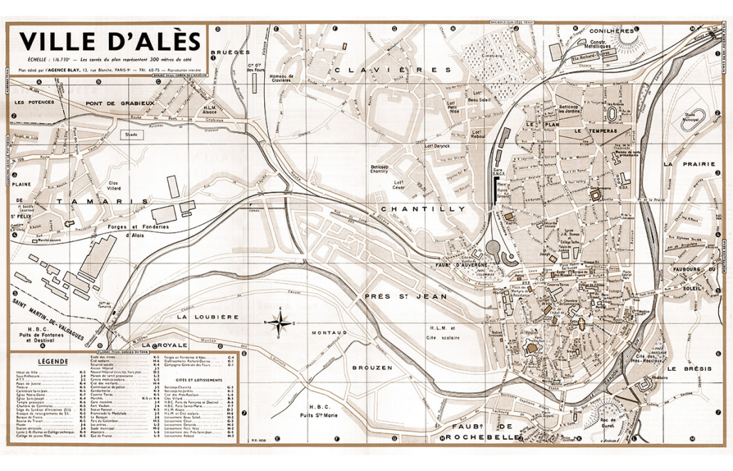 Plan de ville vintage d'Alès réalisé par l'atelier Blay-Foldex