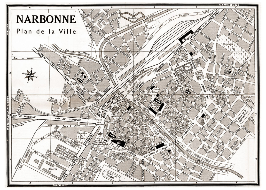 Plan de ville vintage de Narbonne réalisé par l'atelier Blay-Foldex