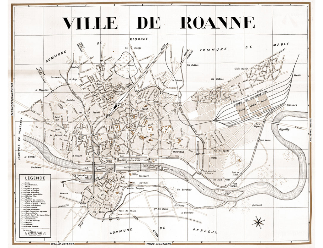 Plan de ville vintage de Roanne réalisé par l'atelier Blay-Foldex